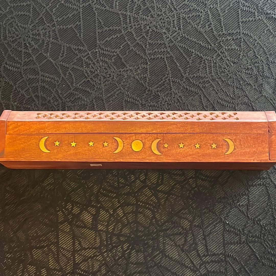 Wooden Incense Storage Box Burner With Gold Triple Moon Inlay – Witch Chest